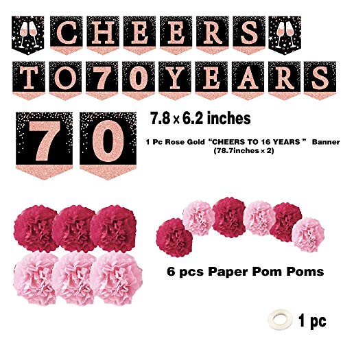 70th birthday decorations for women - (21pack) cheers to 70 years rose gold glitter banner for women, 6 paper Poms, 6 Hanging Swirl, 7 decorations stickers. 70 Years Old Party Supplies gifts for women