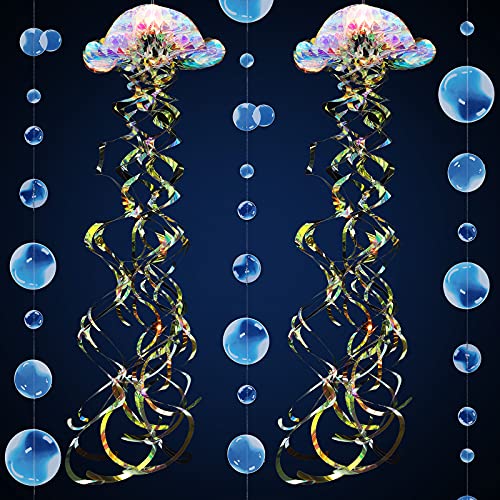 Nezyo 4 Pieces Glitter Iridescent Jellyfish Hanging for Under The Sea Party Decorations Jellyfish Decor Bubble Garlands Transparent Blue for Ocean Mermaid Party Birthday Wedding Baby Shower Decor