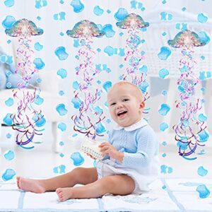 Nezyo 4 Pieces Glitter Iridescent Jellyfish Hanging for Under The Sea Party Decorations Jellyfish Decor Bubble Garlands Transparent Blue for Ocean Mermaid Party Birthday Wedding Baby Shower Decor