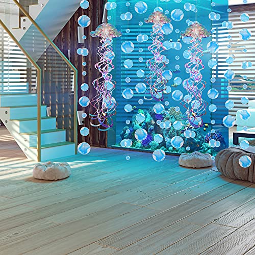 Nezyo 4 Pieces Glitter Iridescent Jellyfish Hanging for Under The Sea Party Decorations Jellyfish Decor Bubble Garlands Transparent Blue for Ocean Mermaid Party Birthday Wedding Baby Shower Decor