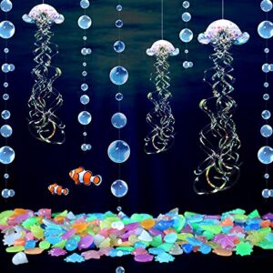 Nezyo 4 Pieces Glitter Iridescent Jellyfish Hanging for Under The Sea Party Decorations Jellyfish Decor Bubble Garlands Transparent Blue for Ocean Mermaid Party Birthday Wedding Baby Shower Decor