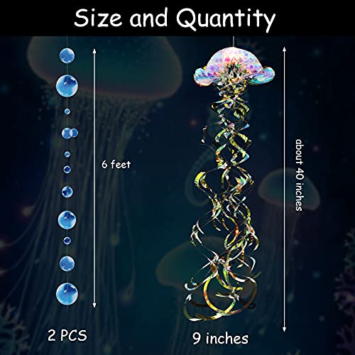 Nezyo 4 Pieces Glitter Iridescent Jellyfish Hanging for Under The Sea Party Decorations Jellyfish Decor Bubble Garlands Transparent Blue for Ocean Mermaid Party Birthday Wedding Baby Shower Decor