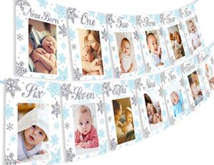 winter onederland birthday decorations snowflake first birthday photo banner – milestone, monthly newborn to 12 months banner clips for snowflake themed 1st birthday party decorations