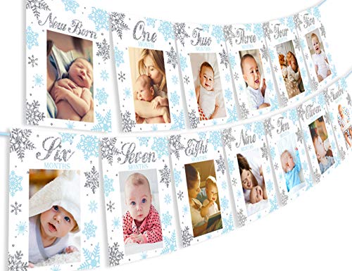 Winter Onederland Birthday Decorations Snowflake First Birthday Photo Banner - Milestone, Monthly Newborn to 12 Months Banner Clips for Snowflake Themed 1st Birthday Party Decorations