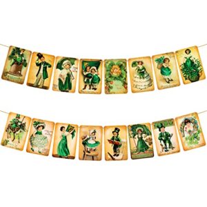 2pcs vintage st. patrick’s day decorations banner, irish old style green shamrock clover traditional st. patrick ‘s day garland irish party supplies, 16pcs lucky garland for home fireplace door decor