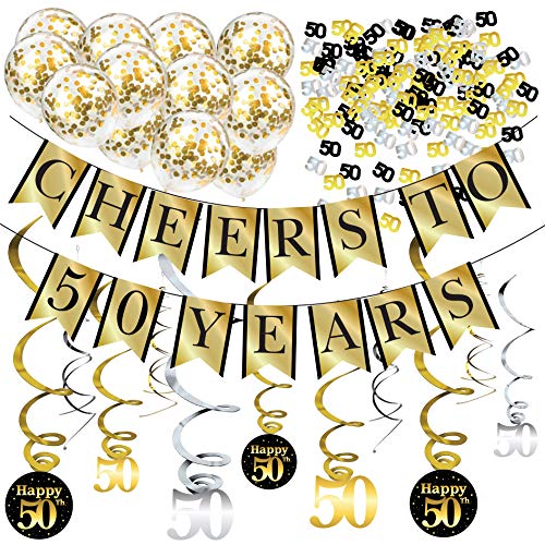 50th Birthday and Anniversary Decorations Party Pack - Cheers to 50 Years Banner, Balloons, Swirls and Confetti Party Supplies