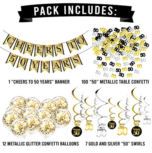 50th Birthday and Anniversary Decorations Party Pack - Cheers to 50 Years Banner, Balloons, Swirls and Confetti Party Supplies