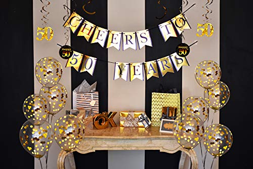 50th Birthday and Anniversary Decorations Party Pack - Cheers to 50 Years Banner, Balloons, Swirls and Confetti Party Supplies