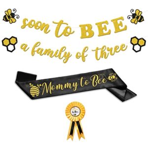 bumble bee baby shower decoration set, soon to bee a family of three banner mom to bee sash daddy to bee badge bee themed sprinkle gender reveal pregnancy announcement honeycomb party supplies