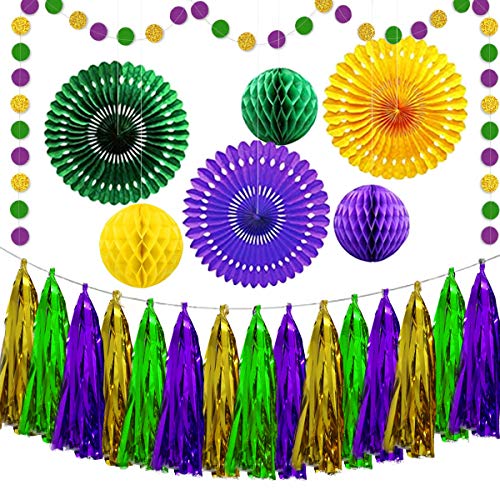 23pcs Mardi Gras Banner Garland Decorations Gold Purple and Green Decorations Honeycomb Balls Hanging Paper Fans Metallic Foil Fringe for Mardi Gras Decorations