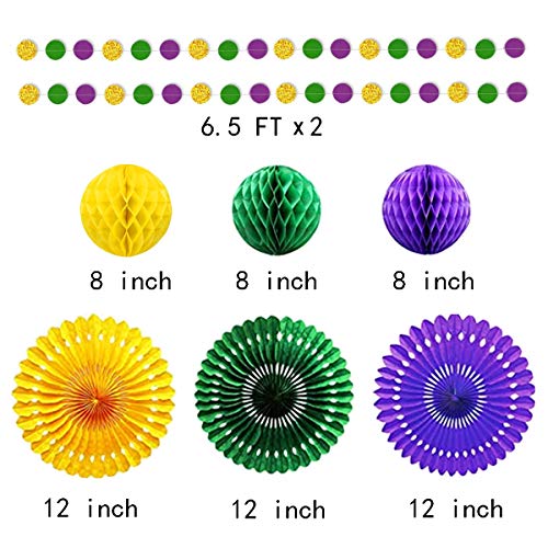 23pcs Mardi Gras Banner Garland Decorations Gold Purple and Green Decorations Honeycomb Balls Hanging Paper Fans Metallic Foil Fringe for Mardi Gras Decorations