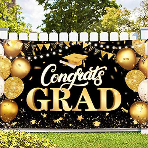 XtraLarge, Congrats Grad Banner - 72x44 Inch | Graduation Banner for Graduation Party Decorations 2023 | Congratulations Banner for Black and Gold Graduation Decorations 2023 | Graduation Backdrop