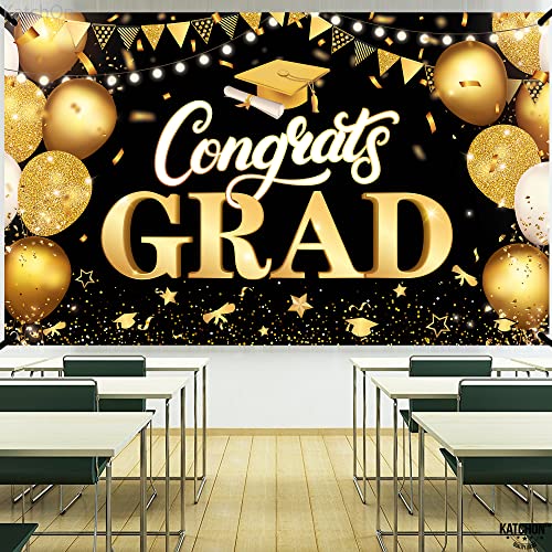 XtraLarge, Congrats Grad Banner - 72x44 Inch | Graduation Banner for Graduation Party Decorations 2023 | Congratulations Banner for Black and Gold Graduation Decorations 2023 | Graduation Backdrop