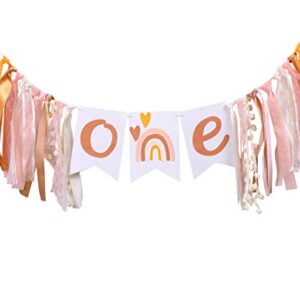 Bohemian Party Rainbow Birthday Banner -1st birthday high chair bunting decoration, silent and neutral modern girl, smash cake props, photographer photo props. (Bohemian Rainbow)