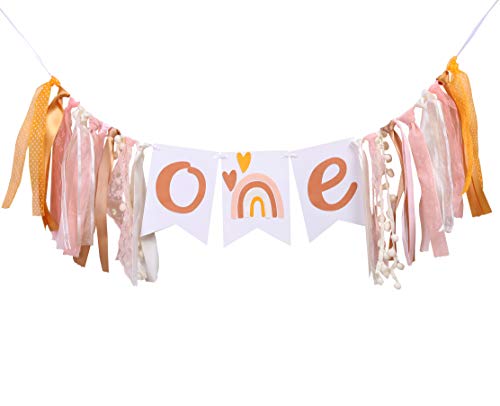 Bohemian Party Rainbow Birthday Banner -1st birthday high chair bunting decoration, silent and neutral modern girl, smash cake props, photographer photo props. (Bohemian Rainbow)