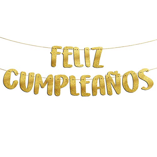 Feliz Cumpleaños Gold Glitter Banner, Spanish Happy Birthday Banner, Fiesta Mexican Themed Birthday Party Decorations