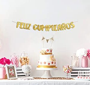 Feliz Cumpleaños Gold Glitter Banner, Spanish Happy Birthday Banner, Fiesta Mexican Themed Birthday Party Decorations