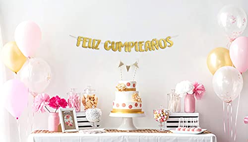 Feliz Cumpleaños Gold Glitter Banner, Spanish Happy Birthday Banner, Fiesta Mexican Themed Birthday Party Decorations