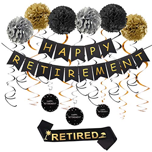 Retirement Party Decorations - Black and Gold Happy Retirement Banner, Paper Garland and Flowers, Sash, Sparkling Hanging Swirls Retirement Decorations Party Supplies for Women & Men by QIFU