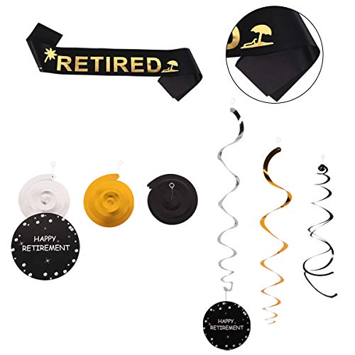 Retirement Party Decorations - Black and Gold Happy Retirement Banner, Paper Garland and Flowers, Sash, Sparkling Hanging Swirls Retirement Decorations Party Supplies for Women & Men by QIFU