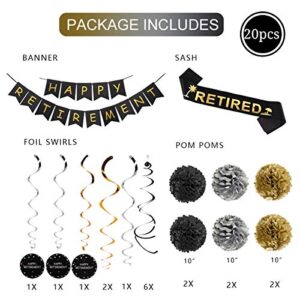 Retirement Party Decorations - Black and Gold Happy Retirement Banner, Paper Garland and Flowers, Sash, Sparkling Hanging Swirls Retirement Decorations Party Supplies for Women & Men by QIFU