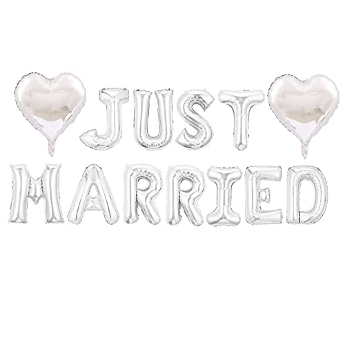 Kunggo Just Married Balloon Banner, 16 inch Quality WeddingBacheloretteBridal ShowerWedding Engagement Party Decors Supplies. (SILVER KIT)