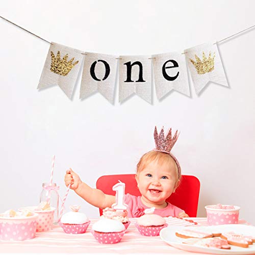 Jute Burlap One Banner Baby Girl Boy First Birthday Party Bunting Highchair Banner Decoration