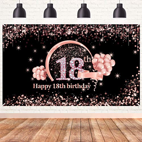 Lnlofen 18th Birthday Banner Backdrop Decorations for Girls, Extra Large 18 Year Old Birthday Party Decor Supplies, Rose Gold Happy Eighteen Birthday Sign Poster Photo Booth Props