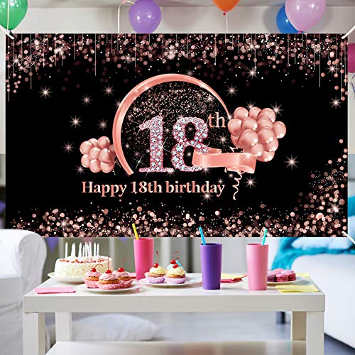 Lnlofen 18th Birthday Banner Backdrop Decorations for Girls, Extra Large 18 Year Old Birthday Party Decor Supplies, Rose Gold Happy Eighteen Birthday Sign Poster Photo Booth Props