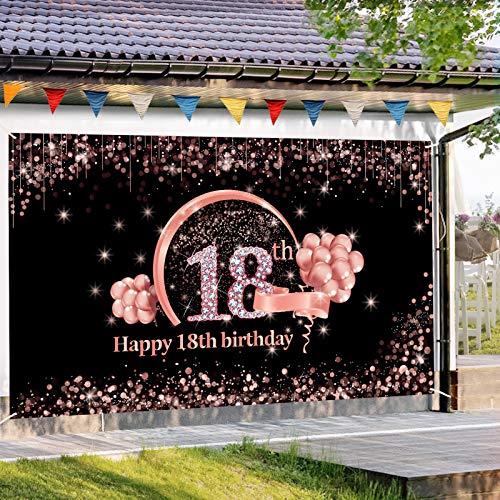 Lnlofen 18th Birthday Banner Backdrop Decorations for Girls, Extra Large 18 Year Old Birthday Party Decor Supplies, Rose Gold Happy Eighteen Birthday Sign Poster Photo Booth Props