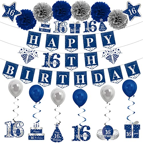 Kauayurk Blue Silver 16th Birthday Banner Decorations Kit for Boys, 26pcs Sixteen Birthday Banner Balloon Hanging Swirl Poms Party Supplies, 16 Years Old Birthday Sign Decor