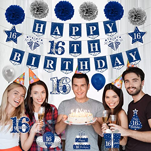 Kauayurk Blue Silver 16th Birthday Banner Decorations Kit for Boys, 26pcs Sixteen Birthday Banner Balloon Hanging Swirl Poms Party Supplies, 16 Years Old Birthday Sign Decor