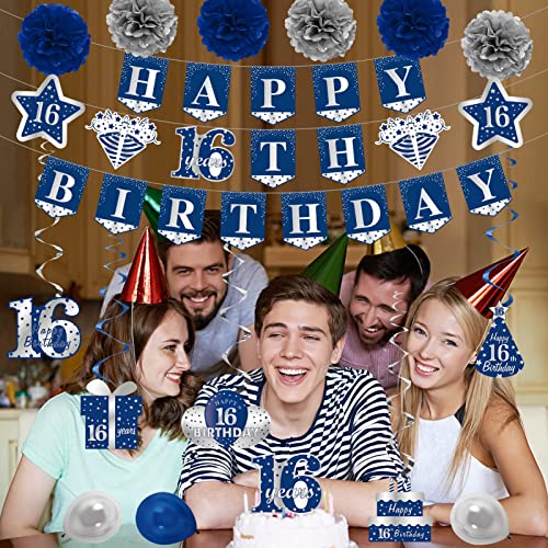 Kauayurk Blue Silver 16th Birthday Banner Decorations Kit for Boys, 26pcs Sixteen Birthday Banner Balloon Hanging Swirl Poms Party Supplies, 16 Years Old Birthday Sign Decor