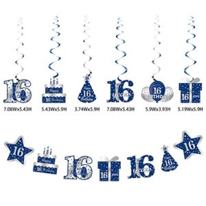 Kauayurk Blue Silver 16th Birthday Banner Decorations Kit for Boys, 26pcs Sixteen Birthday Banner Balloon Hanging Swirl Poms Party Supplies, 16 Years Old Birthday Sign Decor