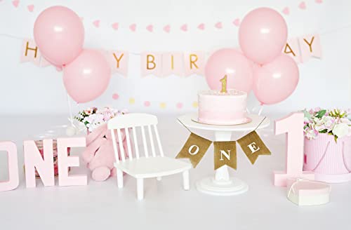 Shimmer Anna Shine First Birthday Banner ONE High Chair for Baby Boy and Girl and Anniversary Party Cake Decorations Burlap (White Print)