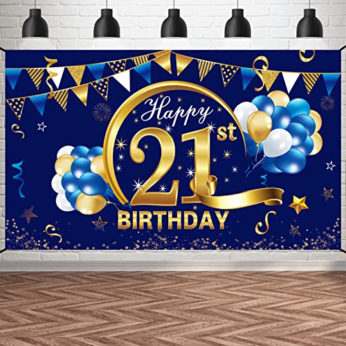 Happy 21st Birthday Banner Decorations for Boy, Blue Gold 21 Birthday Backdrop Party Supplies, 21 Year Old Birthday Photo Background Sign Decor