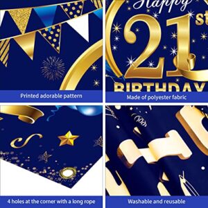 Happy 21st Birthday Banner Decorations for Boy, Blue Gold 21 Birthday Backdrop Party Supplies, 21 Year Old Birthday Photo Background Sign Decor