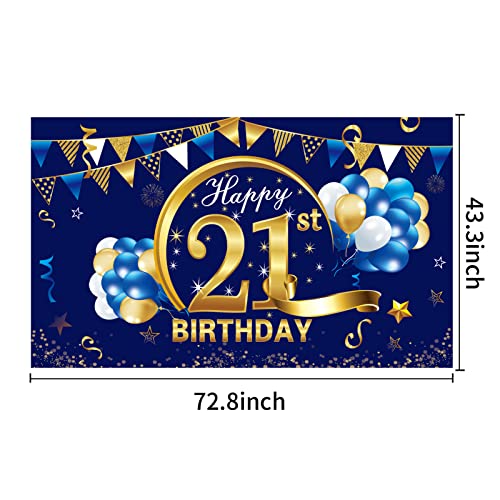 Happy 21st Birthday Banner Decorations for Boy, Blue Gold 21 Birthday Backdrop Party Supplies, 21 Year Old Birthday Photo Background Sign Decor