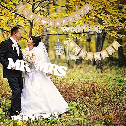 2 Pieces Mr and Mrs Banner Just Married Banner Burlap Wedding Bridal Shower Banner Rustic Bunting Garland for Wedding Party