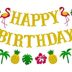 Saliyaa Tropical Happy Birthday Banner,Gold Glitter Hawaiian Luau Birthday Sign,Final Flamingo Pineapple Palm Leaf Coconut Tree Hibiscus Flower Banner for Summer Birthday Party Decorations Supplies