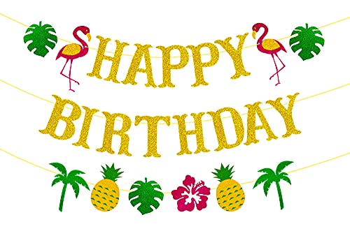 Saliyaa Tropical Happy Birthday Banner,Gold Glitter Hawaiian Luau Birthday Sign,Final Flamingo Pineapple Palm Leaf Coconut Tree Hibiscus Flower Banner for Summer Birthday Party Decorations Supplies