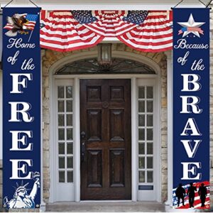 american flag patriotic soldier porch sign banners -“home of the free” and “because of the brave”- hanging banner for 4th of july decor/ independence day/ memorial day/ veterans day/ labor day