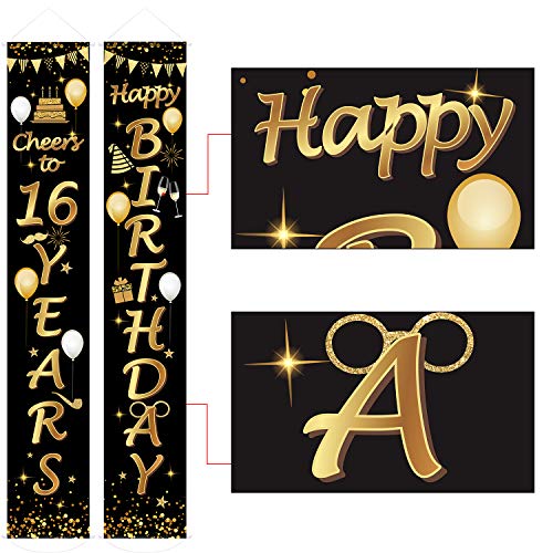 2 Pieces Birthday Party Decorations Cheers to Years Banner Welcome Porch Sign for Birthday Supplies (Happy 16th Birthday)