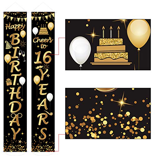 2 Pieces Birthday Party Decorations Cheers to Years Banner Welcome Porch Sign for Birthday Supplies (Happy 16th Birthday)