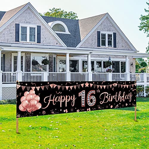 Happy 16th Birthday Banner Decorations for Girls, Rose Gold Sweet 16 Birthday Party Supplies, Funny Sixteen Birthday Yard Sign Decor for Outdoor