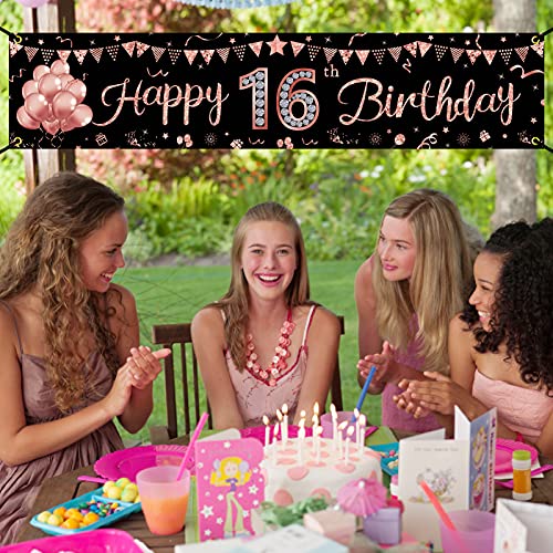 Happy 16th Birthday Banner Decorations for Girls, Rose Gold Sweet 16 Birthday Party Supplies, Funny Sixteen Birthday Yard Sign Decor for Outdoor