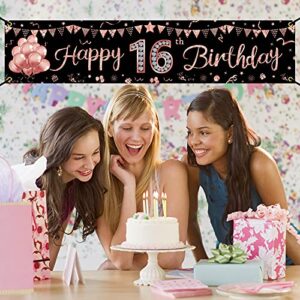 Happy 16th Birthday Banner Decorations for Girls, Rose Gold Sweet 16 Birthday Party Supplies, Funny Sixteen Birthday Yard Sign Decor for Outdoor