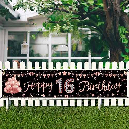 Happy 16th Birthday Banner Decorations for Girls, Rose Gold Sweet 16 Birthday Party Supplies, Funny Sixteen Birthday Yard Sign Decor for Outdoor