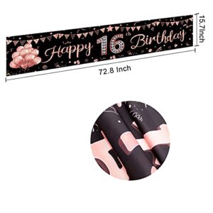 Happy 16th Birthday Banner Decorations for Girls, Rose Gold Sweet 16 Birthday Party Supplies, Funny Sixteen Birthday Yard Sign Decor for Outdoor