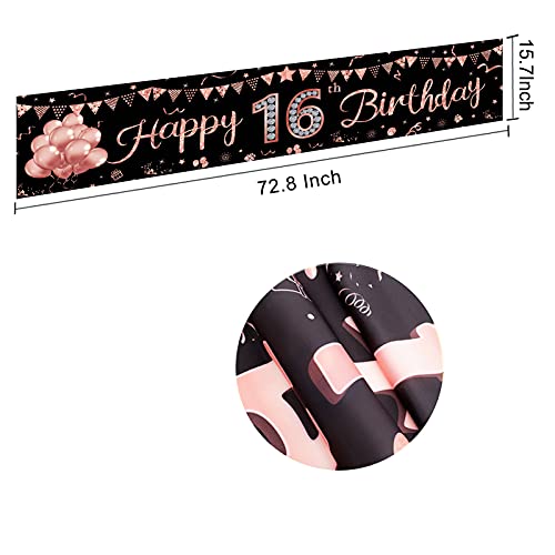 Happy 16th Birthday Banner Decorations for Girls, Rose Gold Sweet 16 Birthday Party Supplies, Funny Sixteen Birthday Yard Sign Decor for Outdoor